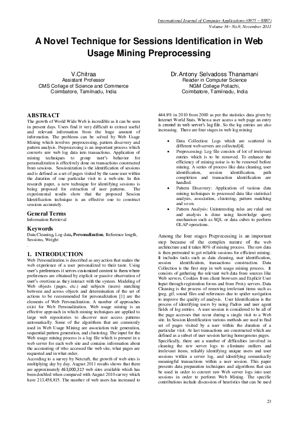 (PDF) A Novel Technique for Sessions Identification in Web Usage Mining Preprocessing