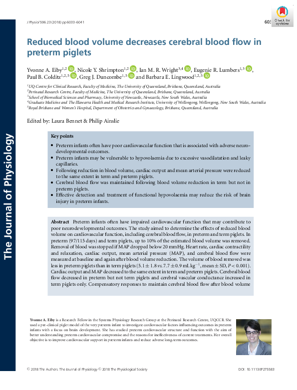 (PDF) Reduced blood volume decreases cerebral blood flow in preterm piglets