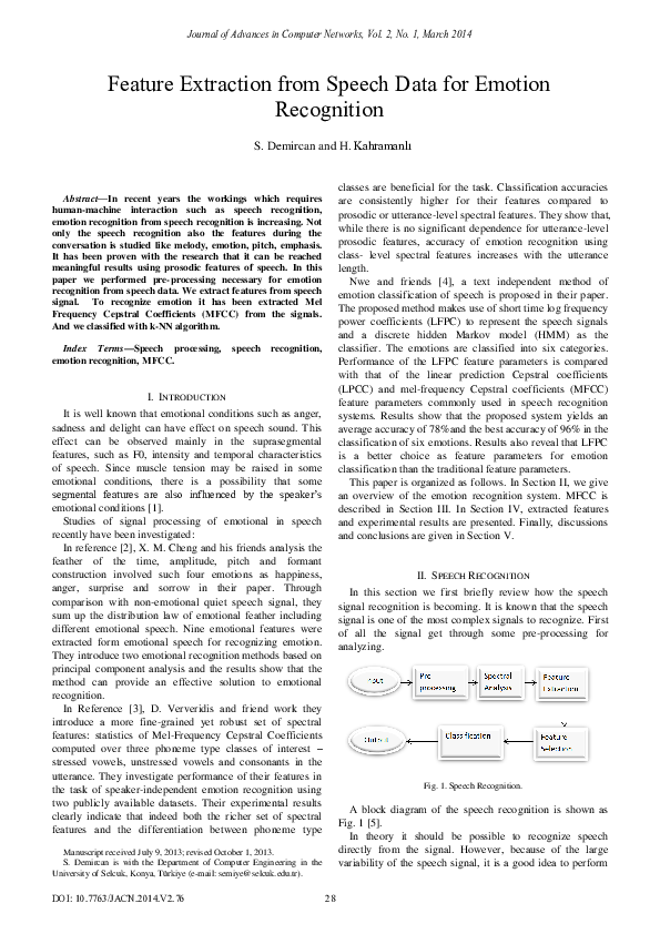 Pdf Feature Extraction From Speech Data For Emotion Recognition