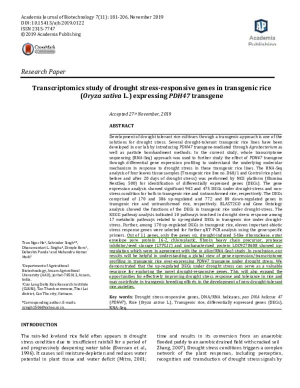 (PDF) Transcriptomics study of drought stress-responsive genes in ...
