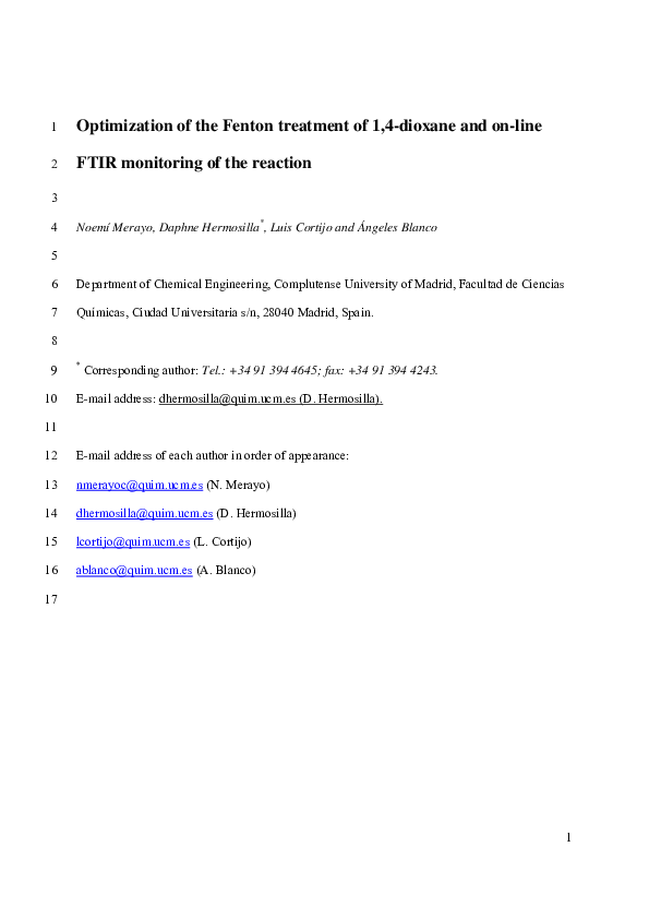 (PDF) Optimization of the Fenton treatment of 1,4-dioxane and on-line ...