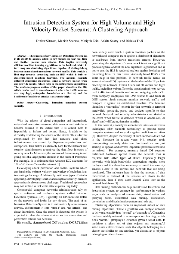 Pdf Intrusion Detection System For High Volume And High Velocity Packet Streams A Clustering