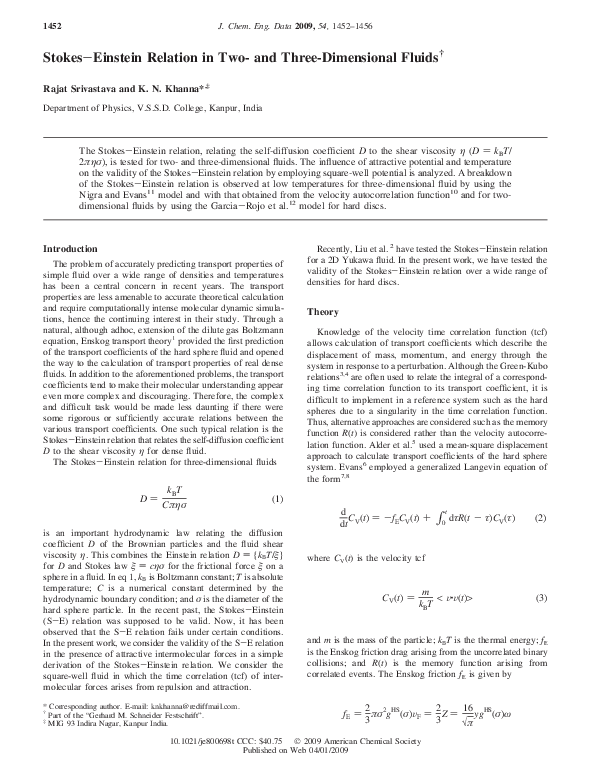 (PDF) Stokes−Einstein Relation in Two- and Three-Dimensional Fluids