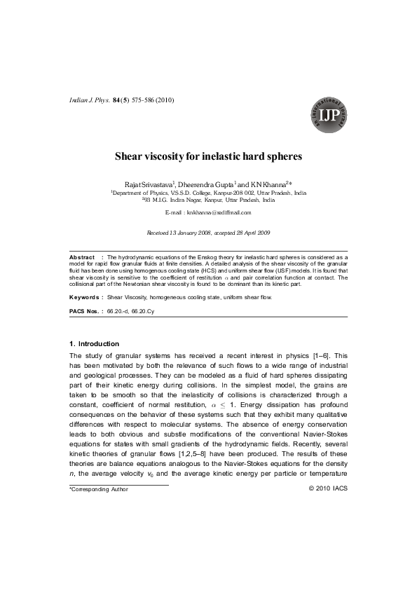 (PDF) Shear viscosity for inelastic hard spheres