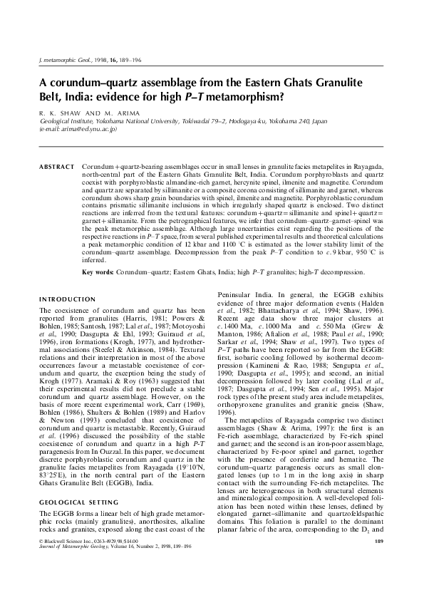 (PDF) A corundum–quartz assemblage from the Eastern Ghats Granulite ...