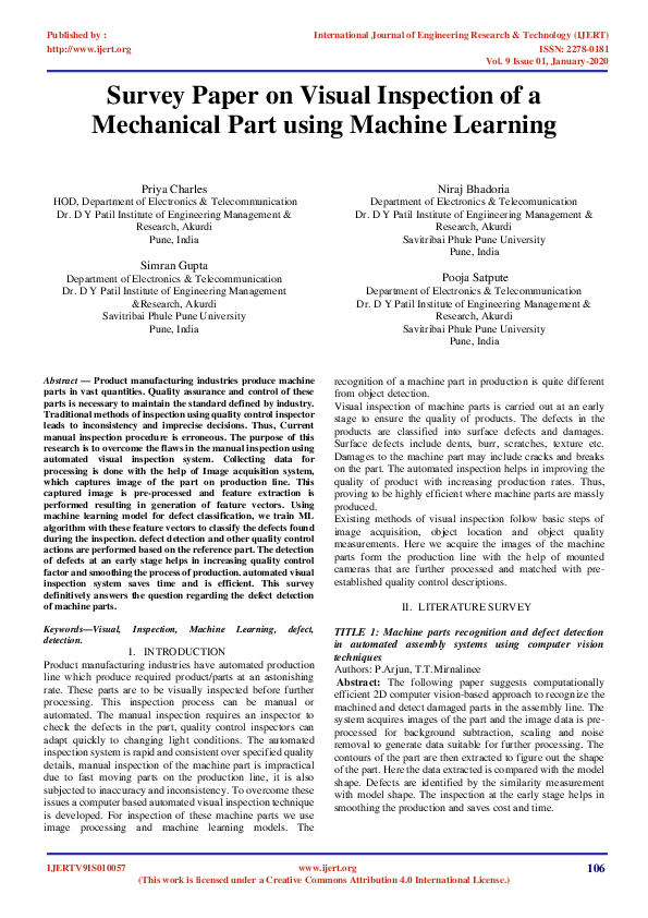(PDF) Survey Paper on Visual Inspection of a Mechanical Part using Machine Learning