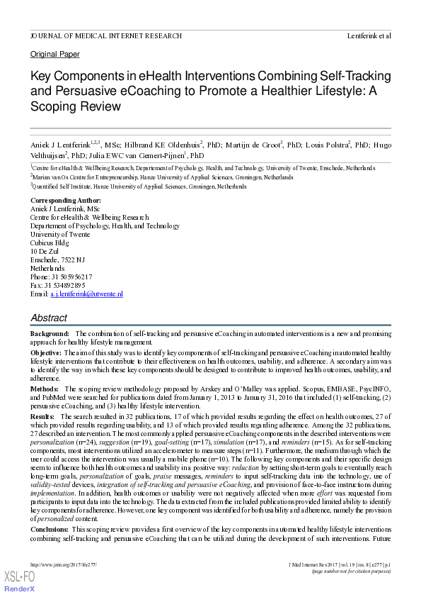(PDF) Key Components in eHealth Interventions Combining Self-Tracking and Persuasive eCoaching ...
