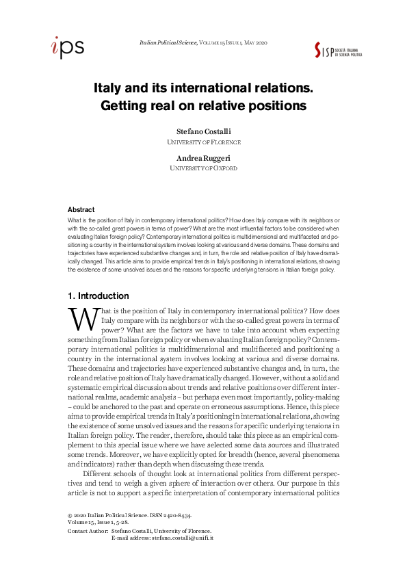 (PDF) Italy and its international relations. Getting real on relative ...