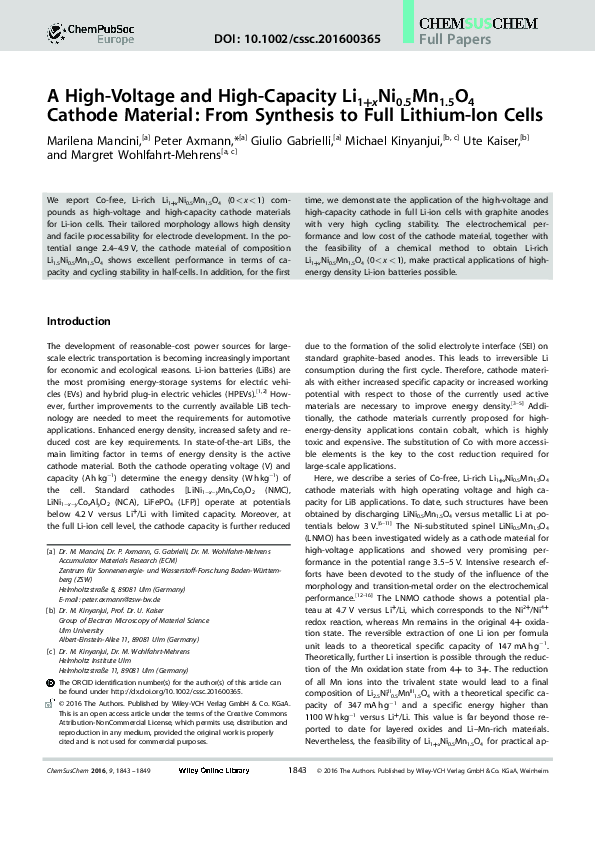 (PDF) A High-Voltage and High-Capacity Li1+xNi0.5Mn1.5O4Cathode ...