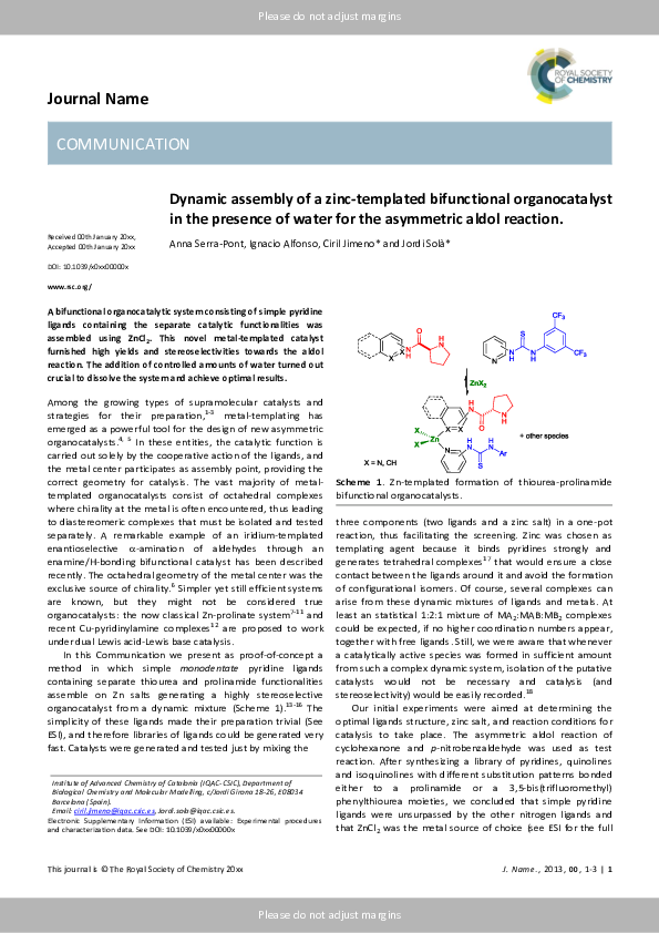 (PDF) Dynamic assembly of a zinc-templated bifunctional organocatalyst ...