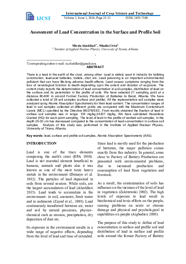 (PDF) Assessment of Lead Concentration in the Surface and Profile Soil