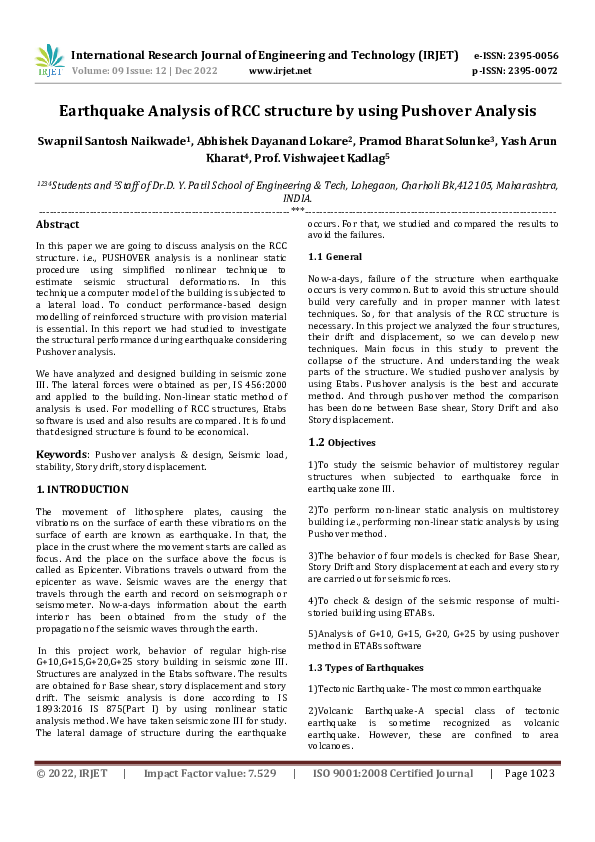 (PDF) Earthquake Analysis of RCC structure by using Pushover Analysis