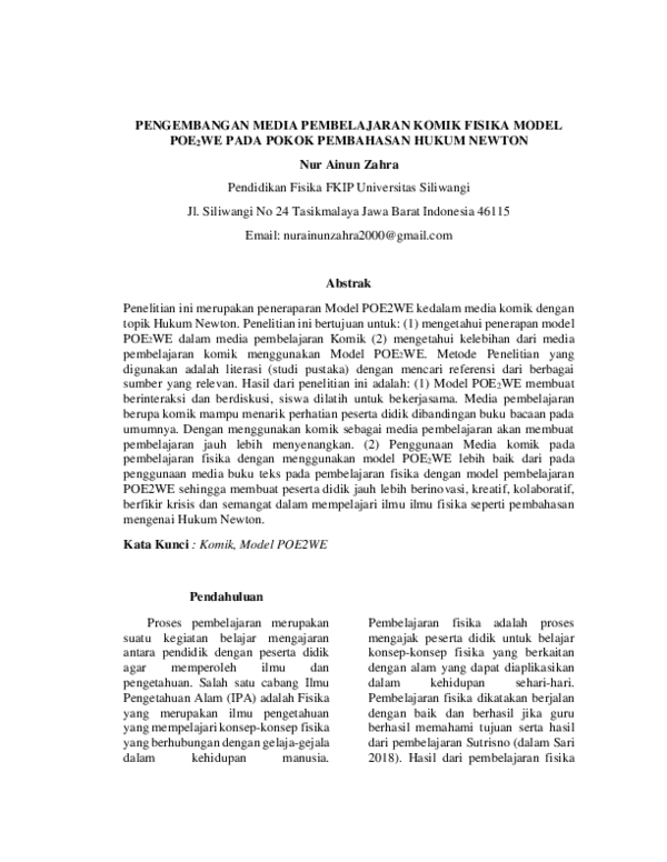 (PDF) Pengembangan Media Pembelajaran Komik Fisika Model POE2WE Pada Pokok Pembahasan Hukum Newton