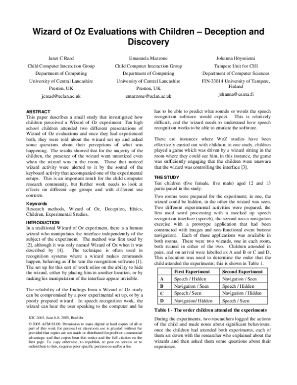 (PDF) Wizard of Oz Evaluations with Children–Deception and Discovery