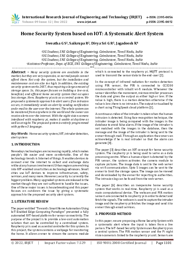 Pdf Home Security System Based On Iot A Systematic Alert System