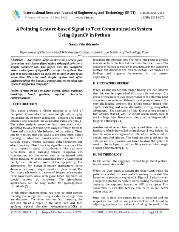 (PDF) A Pointing Gesture-based Signal to Text Communication System Using OpenCV in Python