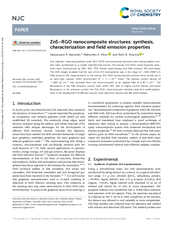 (PDF) ZnS-RGO nanocomposite structures: synthesis, characterization and ...