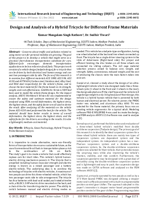 (PDF) Design and Analysis of a Hybrid Tricycle for Different Frame ...