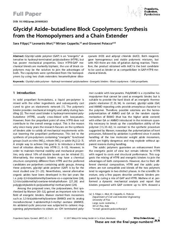(PDF) Glycidyl Azide-Butadiene Block Copolymers: Synthesis from the Homopolymers and a Chain ...