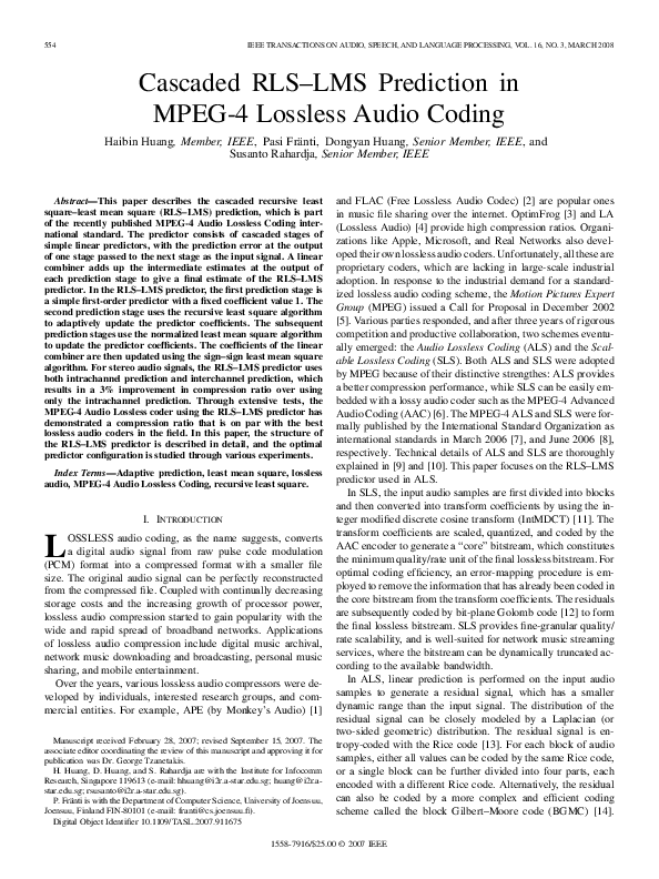 (PDF) Cascaded RLS–LMS Prediction in MPEG-4 Lossless Audio Coding