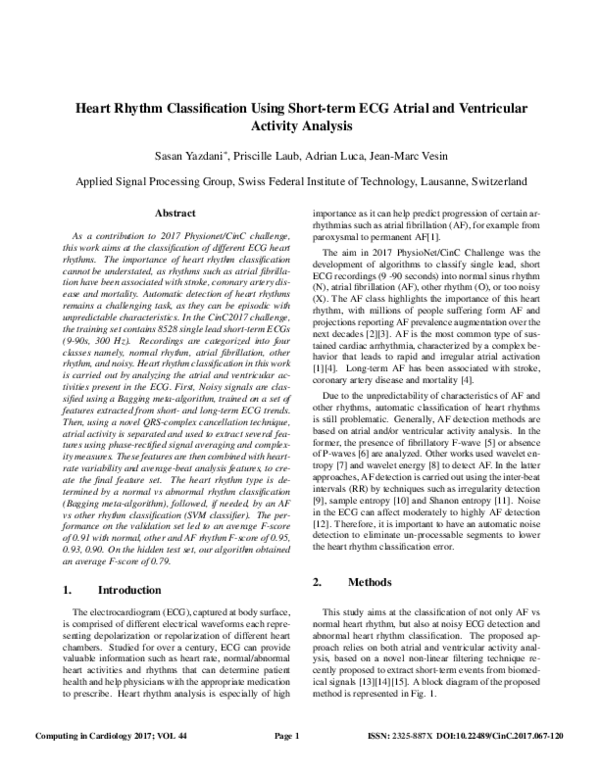 (PDF) Heart Rhythm Classification using Short-term ECG Atrial and Ventricular Activity Analysis