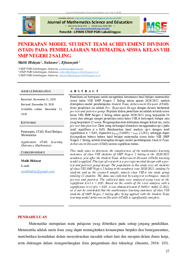 (PDF) Penerapan Model Student Team Achievement Division (Stad) Pada ...