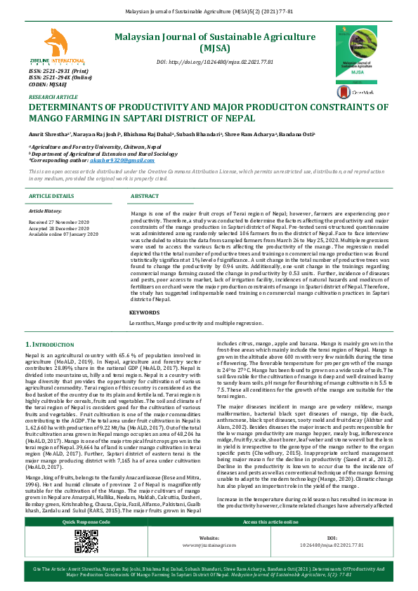 (PDF) Determinants of Productivity and Major Produciton Constraints of ...