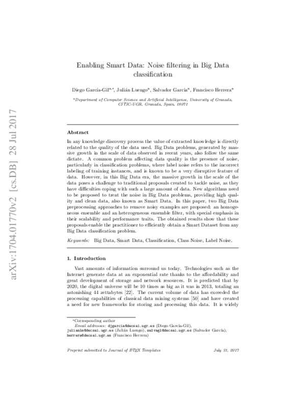 Pdf Enabling Smart Data Noise Filtering In Big Data Classification