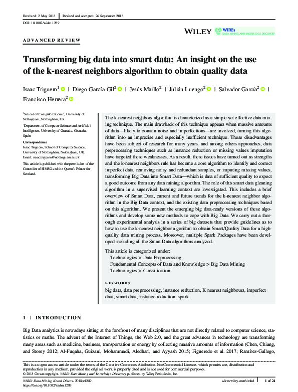 Pdf Transforming Big Data Into Smart Data An Insight On The Use Of The K‐nearest Neighbors