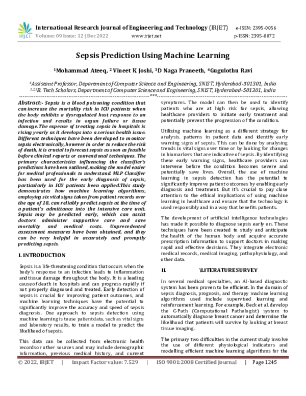 Pdf Sepsis Prediction Using Machine Learning Irjet Journal