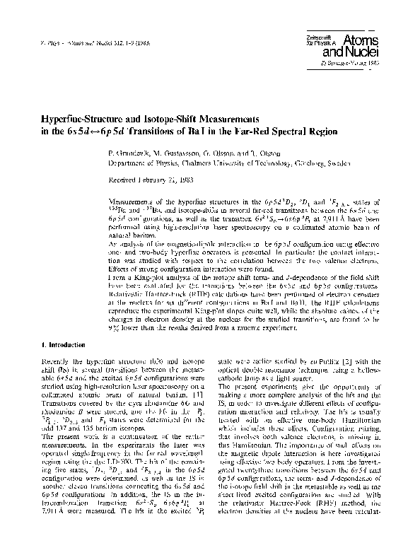 Pdf Hyperfine Structure And Isotope Shift Measurements In The 6s 5d6p 5d Transitions Of Ba I