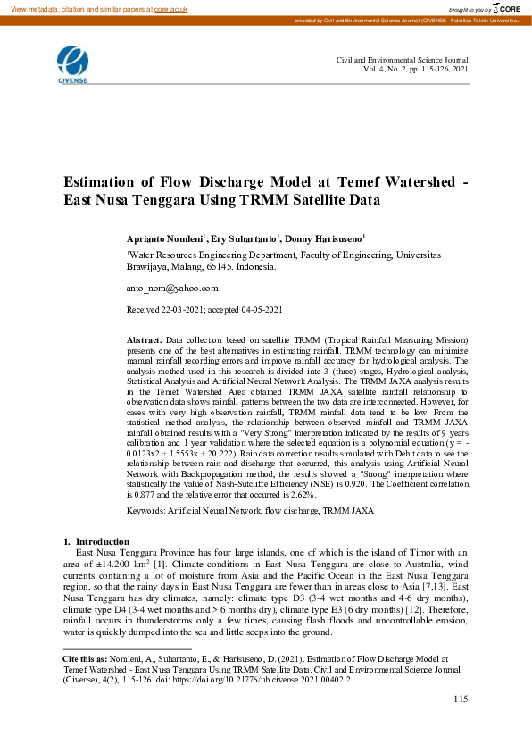 (PDF) Estimation of Flow Discharge Model at Temef Watershed - East Nusa Tenggara Using TRMM ...