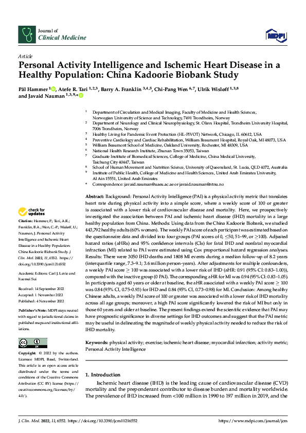 (PDF) Personal Activity Intelligence and Ischemic Heart Disease in a ...