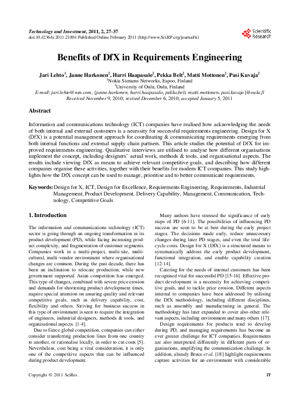 (PDF) Benefits of DfX in Requirements Engineering