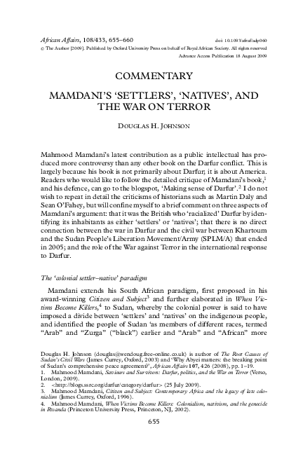 (PDF) Mamdani's 'Settlers', 'Natives', and the War on Terror