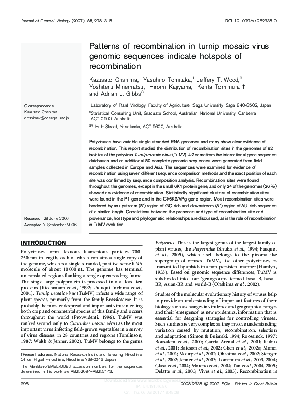 (PDF) Patterns of recombination in turnip mosaic virus genomic ...