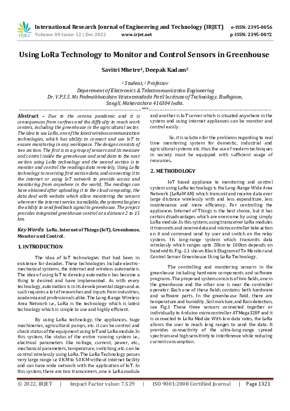 (PDF) Using LoRa Technology to Monitor and Control Sensors in Greenhouse