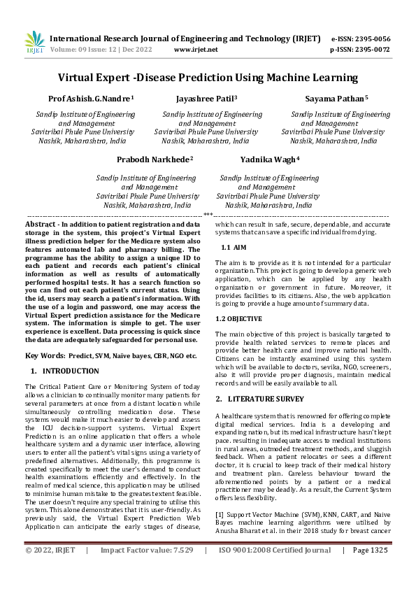 (PDF) Virtual Expert -Disease Prediction Using Machine Learning