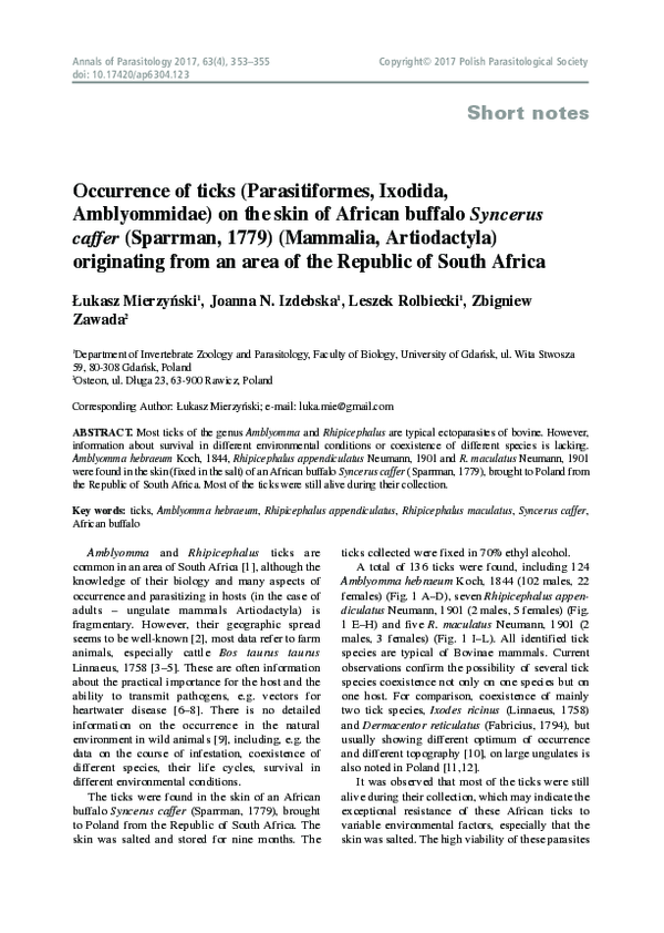 (PDF) Occurrence of ticks (Parasitiformes, Ixodida, Amblyommidae) on ...