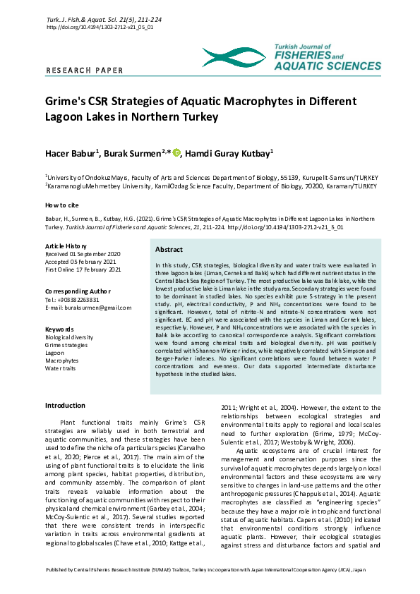 (PDF) Grime's CSR Strategies of Aquatic Macrophytes in Different Lagoon ...