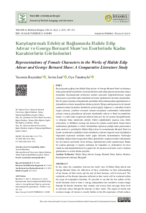 (PDF) Karşılaştırmalı Edebiyat Bağlamında Halide Edip Adıvar ve George Bernard Shaw’un ...