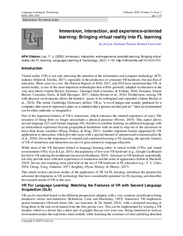 (PDF) Immersion, interaction, and experience-oriented learning: Bringing virtual reality into FL ...