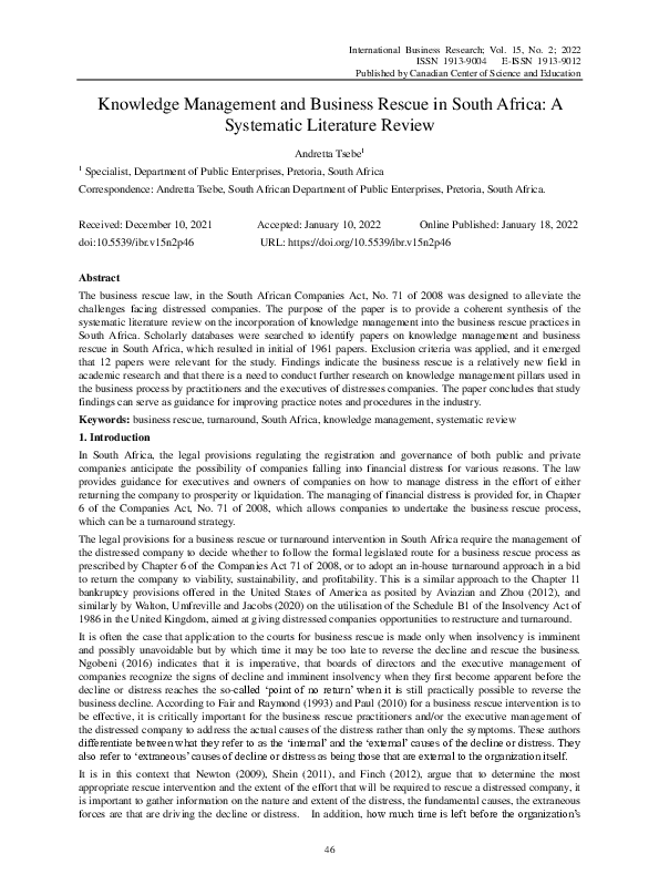 (PDF) Knowledge Management and Business Rescue in South Africa: A ...
