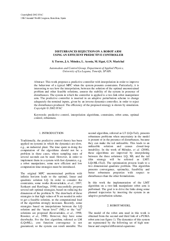 Pdf Disturbances Rejection On A Robot Arm Using An Efficient Predictive Controller