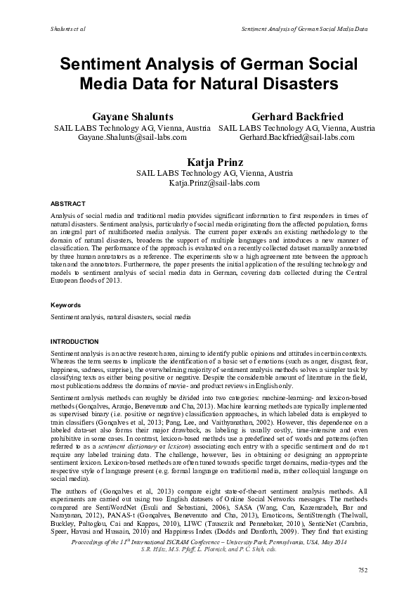 (PDF) Sentiment Analysis of German Social Media Data for Natural Disasters