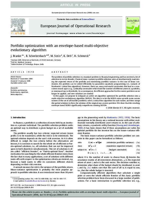 (PDF) Portfolio optimization with an envelope-based multi-objective evolutionary algorithm