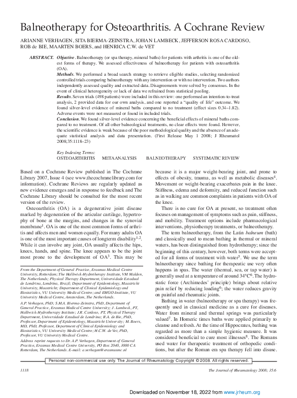 (PDF) Balneotherapy for osteoarthritis. A cochrane review