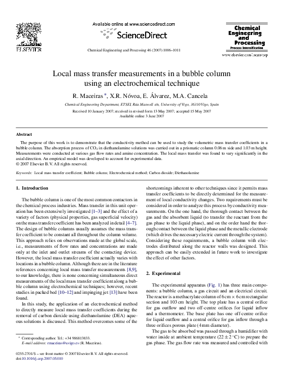 (PDF) Local mass transfer measurements in a bubble column using an electrochemical technique