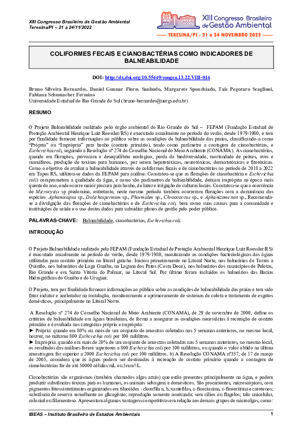 (PDF) Coliformes Fecais e Cianobactérias Como Indicadores De Balneabilidade