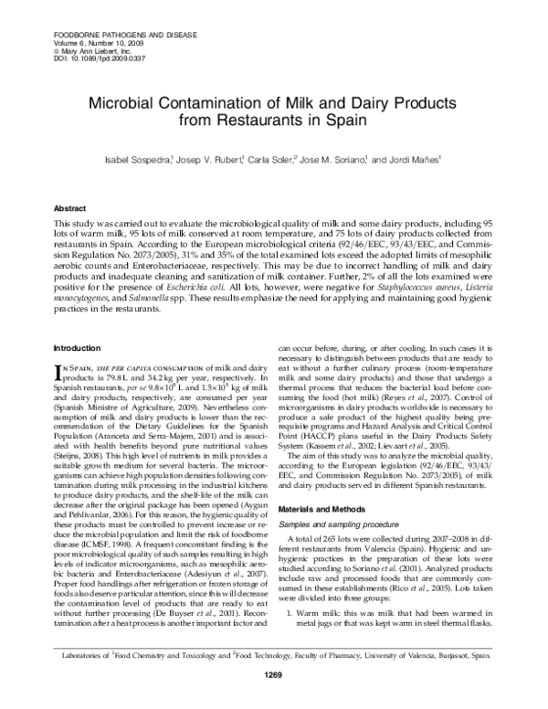 (PDF) Microbial Contamination of Milk and Dairy Products from Restaurants in Spain